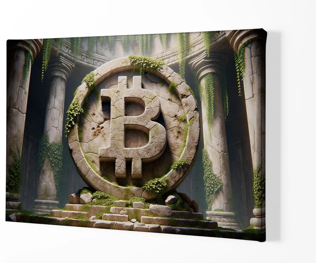 Obraz na plátně - Bitcoin, kamenné logo v opuštěném chrámu FeelHappy.cz Velikost obrazu: 40 x 30 cm