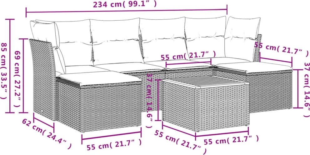 7dílná zahradní sedací souprava s poduškami černá polyratan 3223767