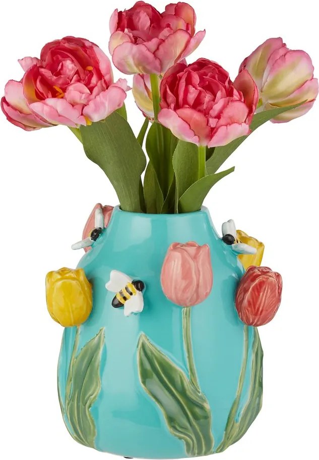 Butlers SPRING Váza včely a tulipány 21 cm - modrá