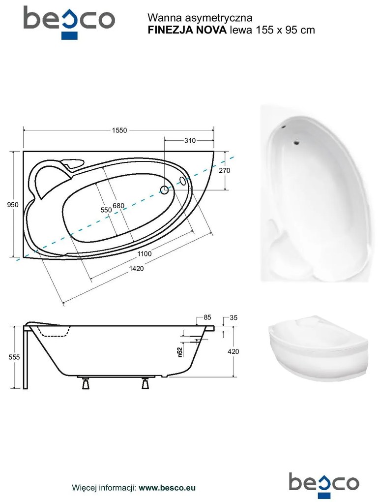 BESCO Asymetrická vana FINEZJA NOVA Nožičky k vaně - S nožičkami, Rozměr vany - 155 × 95 cm, Způsob provedení - Levé - VANFINN155L+OLVPINOZ