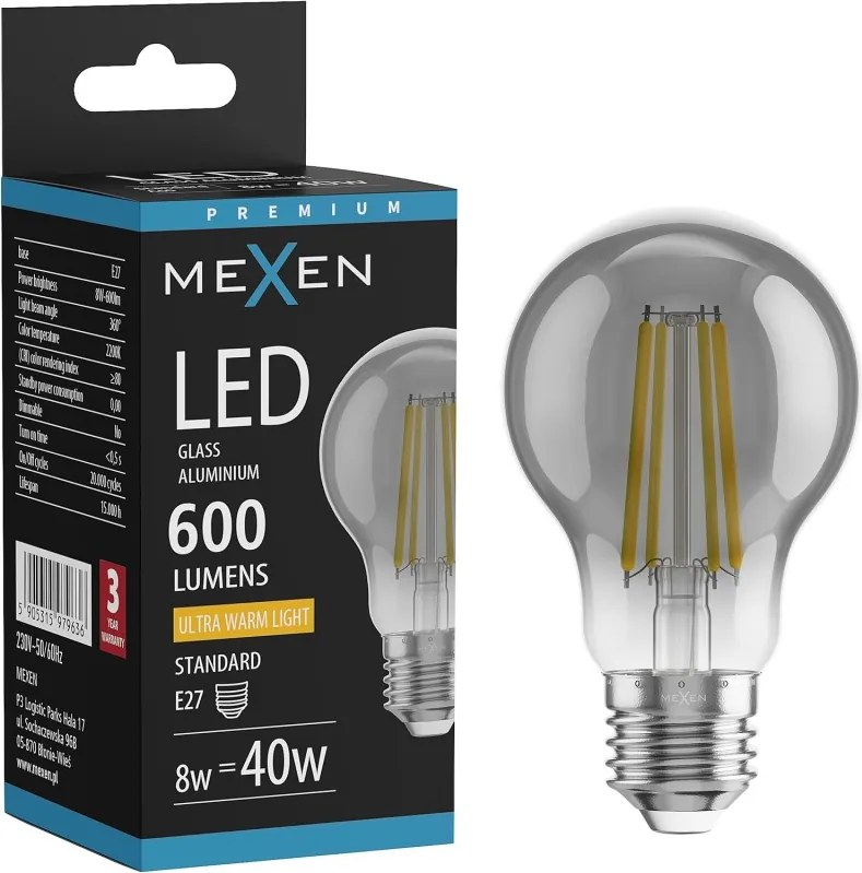Mexen Vintis, LED filamentová žárovka E27, A60, 8 W, teplá bílá 2200K, kouřová, L150-E27-0822-70