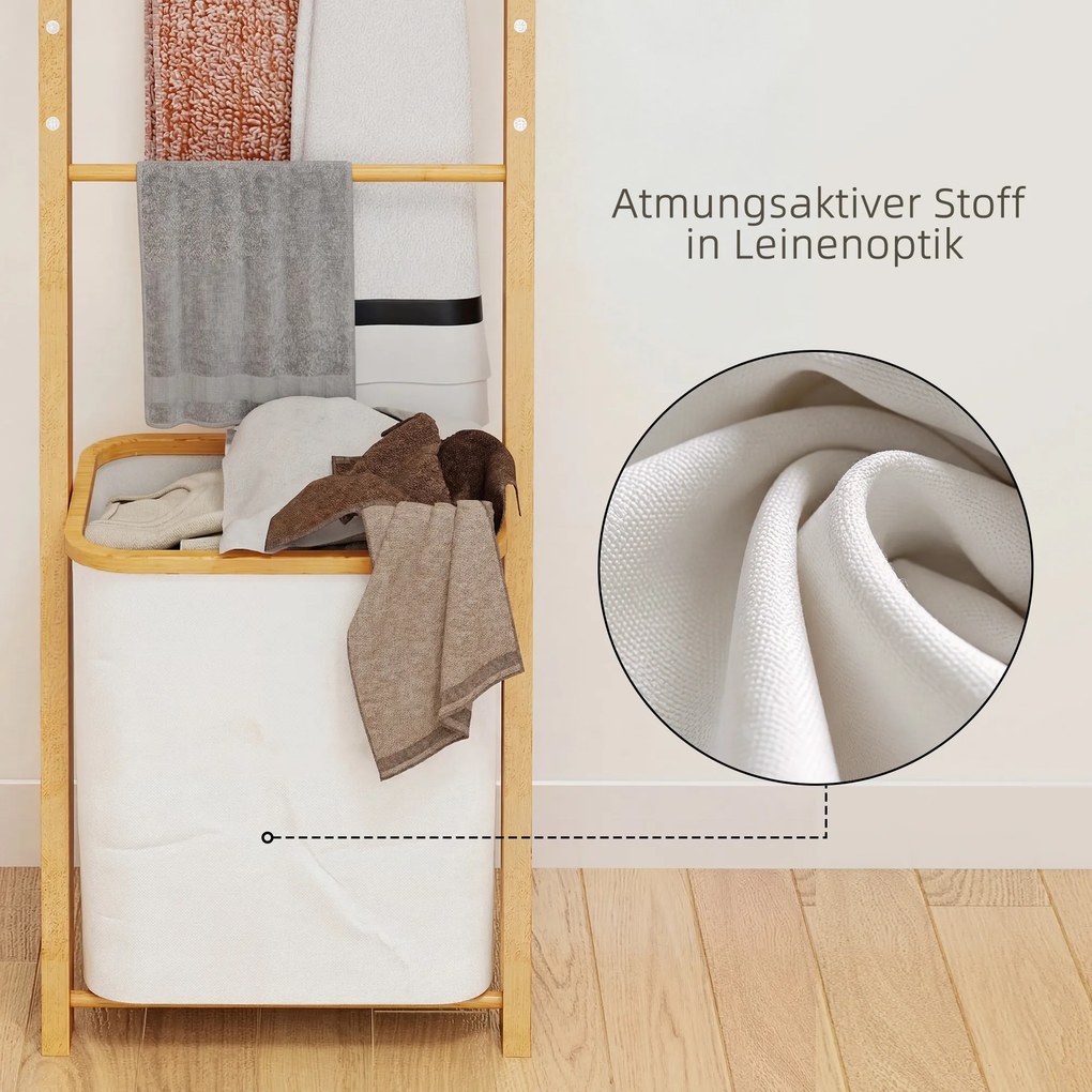 HOMCOM Koupelnový regál, 2-v-1, s 3 tyčemi, odnímatelný koš na prádlo 48 l, bambus, 43 x 35 x 133 cm, krémově bílý