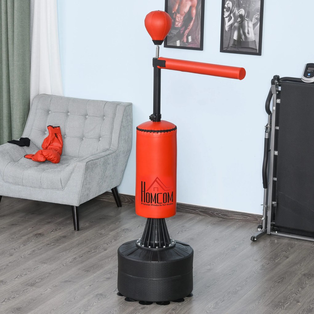 HOMCOM 3-dílná sada boxovacího pytle se stojanem, pumpou a rukavicemi 88 x 48 x 155-205 cm černá červená pro efektivní trénink boxu