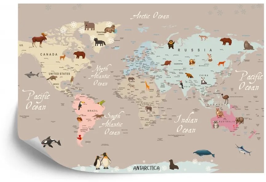 Fototapeta Animals World Map For Kids Wallpaper Design Hladký vinyl 312x219