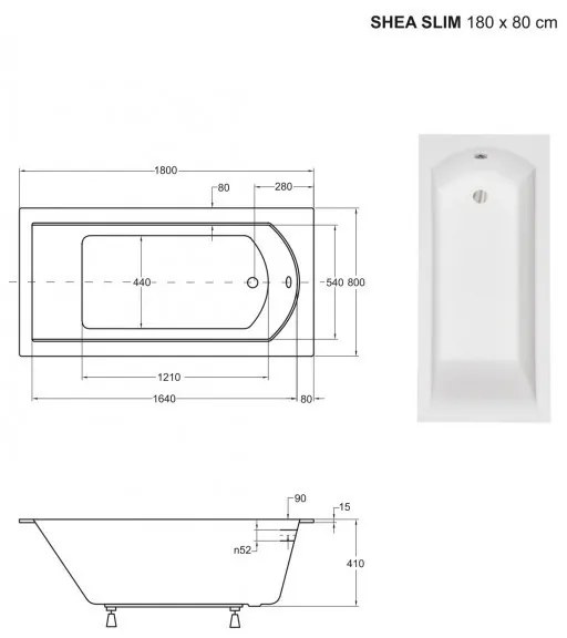 BESCO Obdélníková vana SHEA SLIM Nožičky k vaně - S nožičkami, Rozměr vany - 180 × 80 cm - VANSHEA180SLIM+OLVPINOZSTELWD