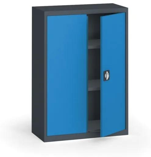 Plechová policová skříň na nářadí KOVONA, 1150 x 800 x 400 mm, 2 police, antracit/modrá
