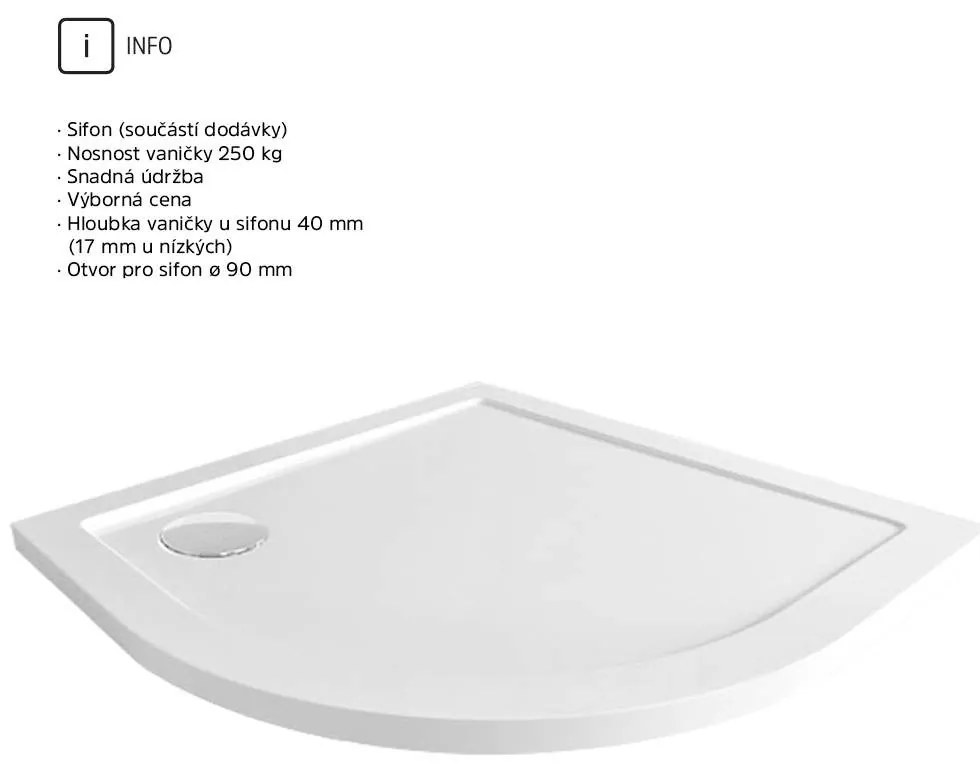 Mereo Mereo, Čtvrtkruhová sprchová vanička R550, 90x90x4 cm, SMC, bílá, včetně sifonu, CV01NS
