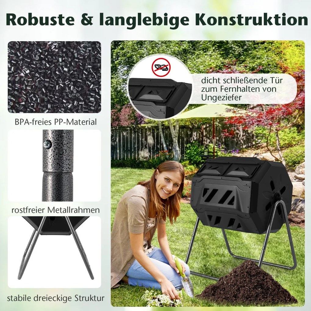 Costway Bubnový kompostér 160 L zahradní kompostér dvoukomorový otočný o 360°