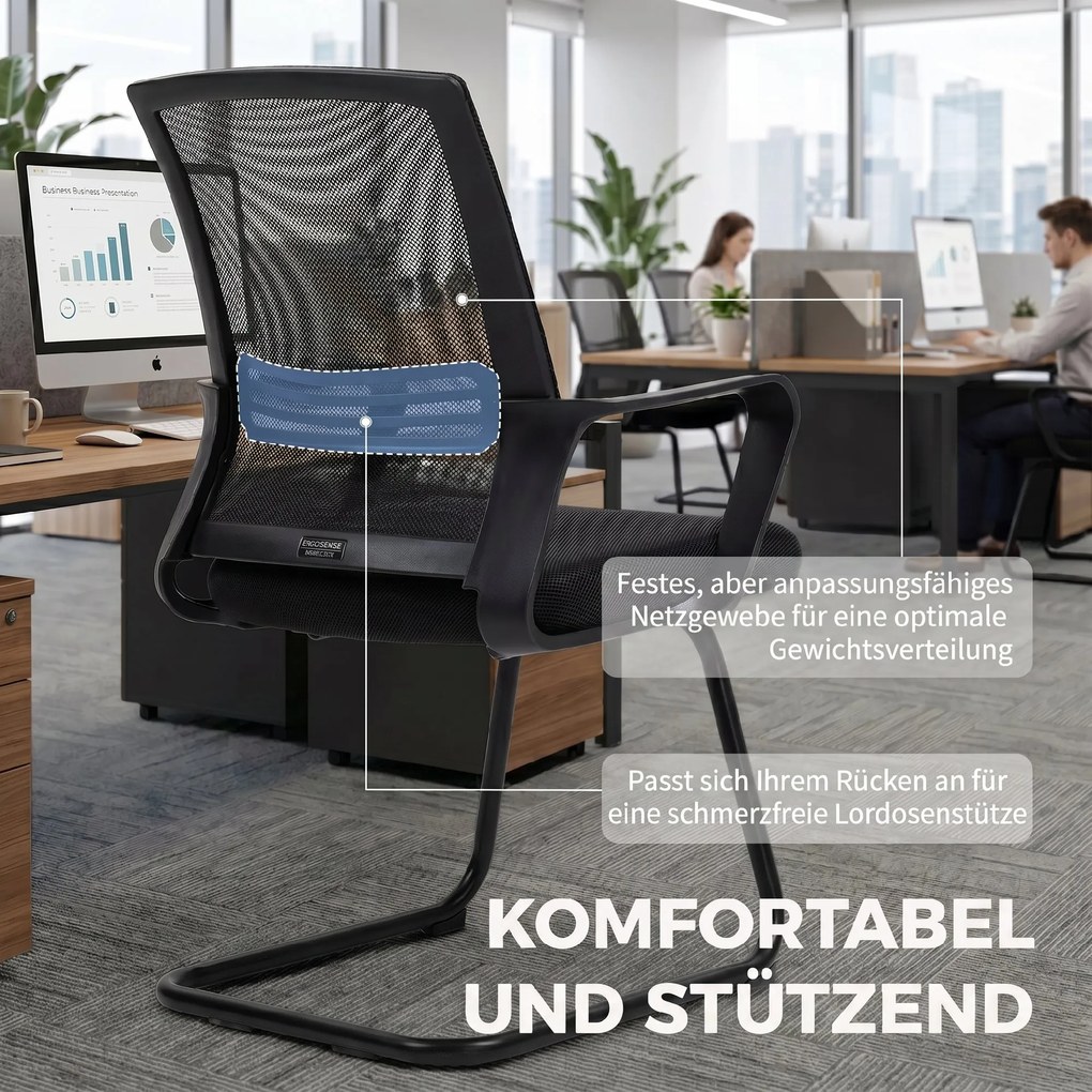 HOMCOM Sada 2 ergonomických židlí k psacímu stolu bez koleček, polstrované konferenční židle s podnoží ze svařovaného rámu pro čekárny a recepci, čer…