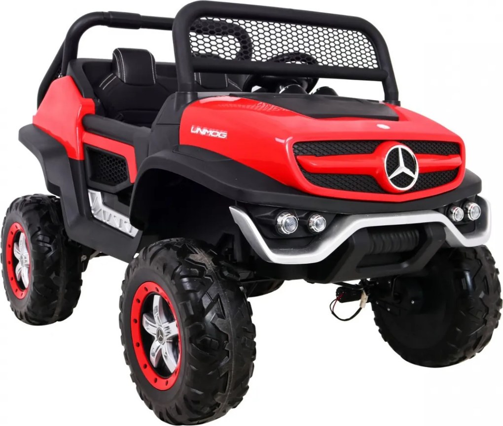 Ramiz Mercedes Benz Unimog elektrické autíčko pro děti červené + pohon 4x4 + dálkové ovládání + nosič zavazadel + pomalý start + MP3 + LED