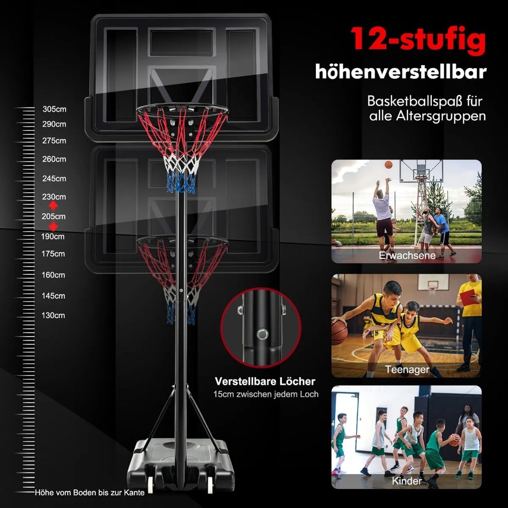 Costway 130 cm - 305 cm výškově nastavitelný basketbalový koš se stojanem a 2