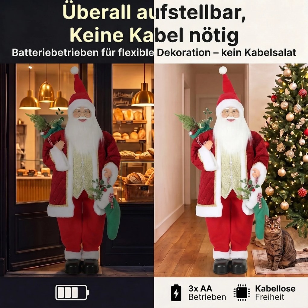HOMCOM 120 cm zpívající a tancující Santa Claus, stojící animovaná vánoční postava s punčochou, pytlem, aktivovaná zvukem / dotykem