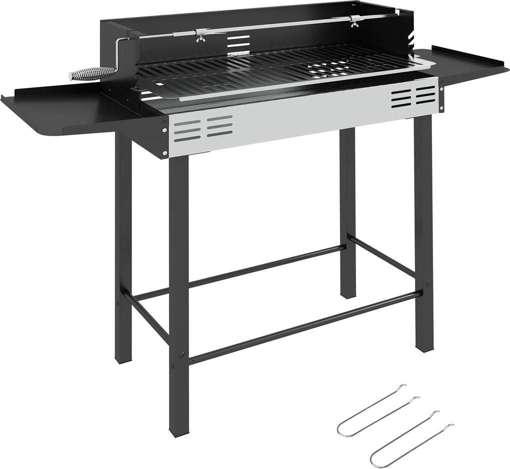 Outsunny gril na dřevěné uhlí pro kempování s grilovací mřížkou a rotisérií, skládací, přenosný, zahradní BBQ, nerezová ocel + kov, černý, 118 x 32 x