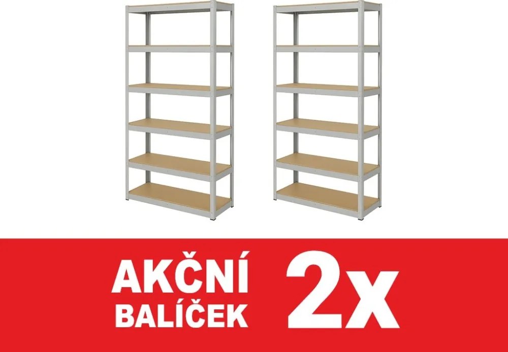 Akce 2x Regál 220x100x60 cm zinkovaný 6-policový, nosnost 1050 kg
