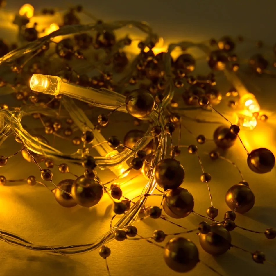 LED světýlka na baterie, perly zlaté, 1,3 m, teple bílá, 10 diod, čirý kabel, IP20 interiér, 2 × AA