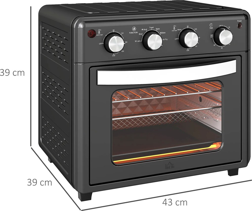 HOMCOM Mini trouba s konvekcí, 90°C-230°C, 30l, Mini trouba s pečicím plechem, grilovací rošt, plech na drobky, horkovzdušná fritéza se 7 režimy, fri…