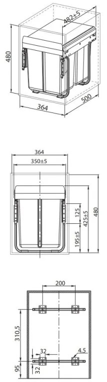 In-Design Vestavný odpadkový koš GATOR šířka 400 mm montáž na dvířka s předním uchycením Členění odpadkového koše: 2x20l