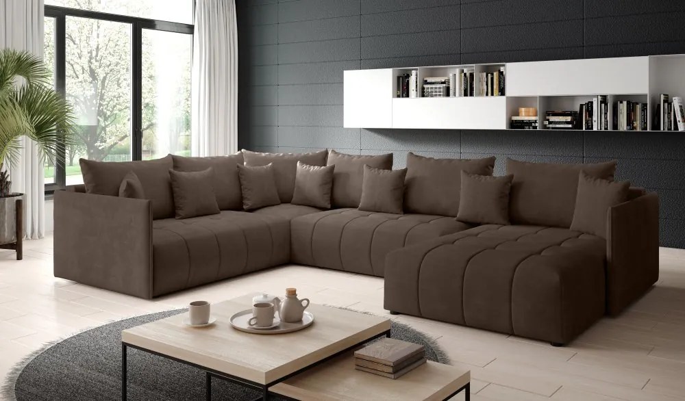 Rozkládací rohová sedačka ARIANA U 340x238cm - rozklad a úložný prostor univerzální hnědá - Soro 28