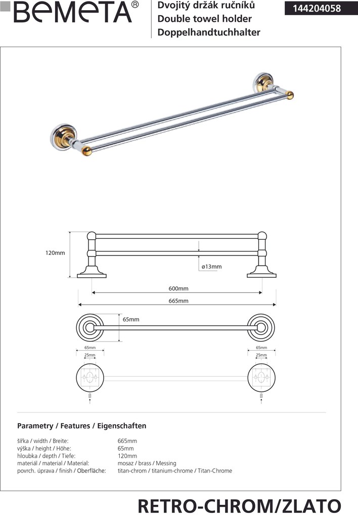 Bemeta Design RETRO gold-chrom: Držák ručníků, 600 mm, dvojitý -