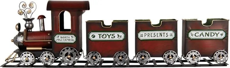 Červená kovová dekorace vláček na kolejích Christmas Train - 95*19*28 cm