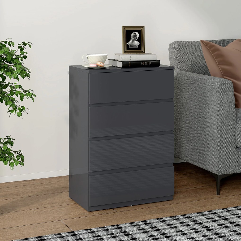 HOMCOM komoda se 4 zásuvkami, vysoce lesklý úložný nábytek, soft-close, 55 x 34 x 80 cm, šedá
