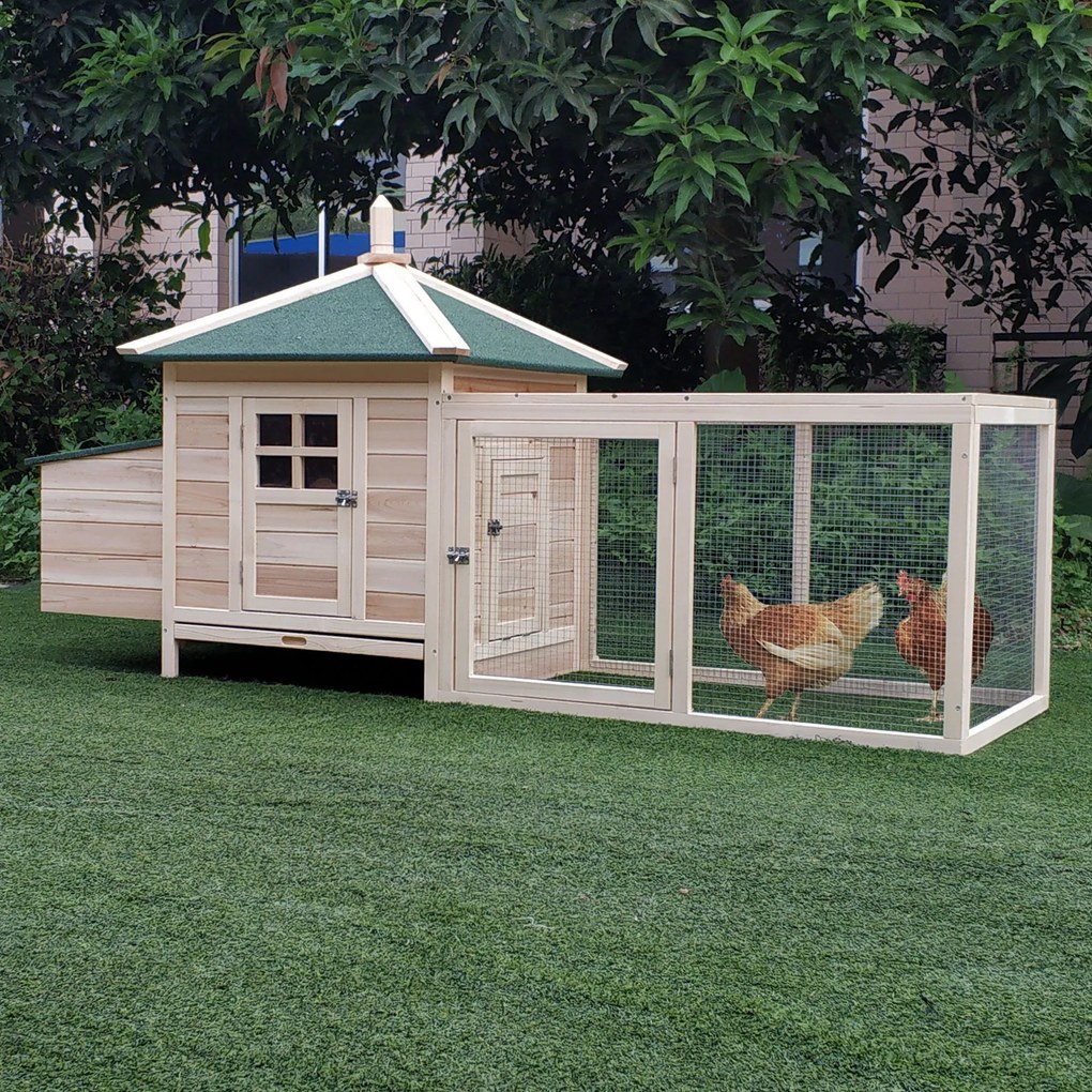 PawHut bantamový kurník s výběhem a hřady, zimní kurník z borovicového dřeva, hnízdní box pro křepelky, 196 x 76 x 97 cm