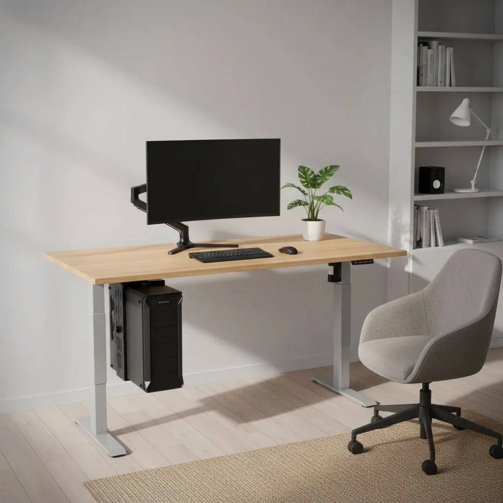 Výškově nastavitelný stůl OfficeTech A, 160 x 80 cm, šedá podnož, dub zlatý