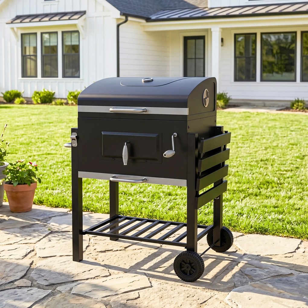 Outsunny grilovací vozík na dřevěné uhlí BBQ stojan na grilování z nerezové oceli černý 113x65x108cm pro zahradu a terasu | Aosom.de