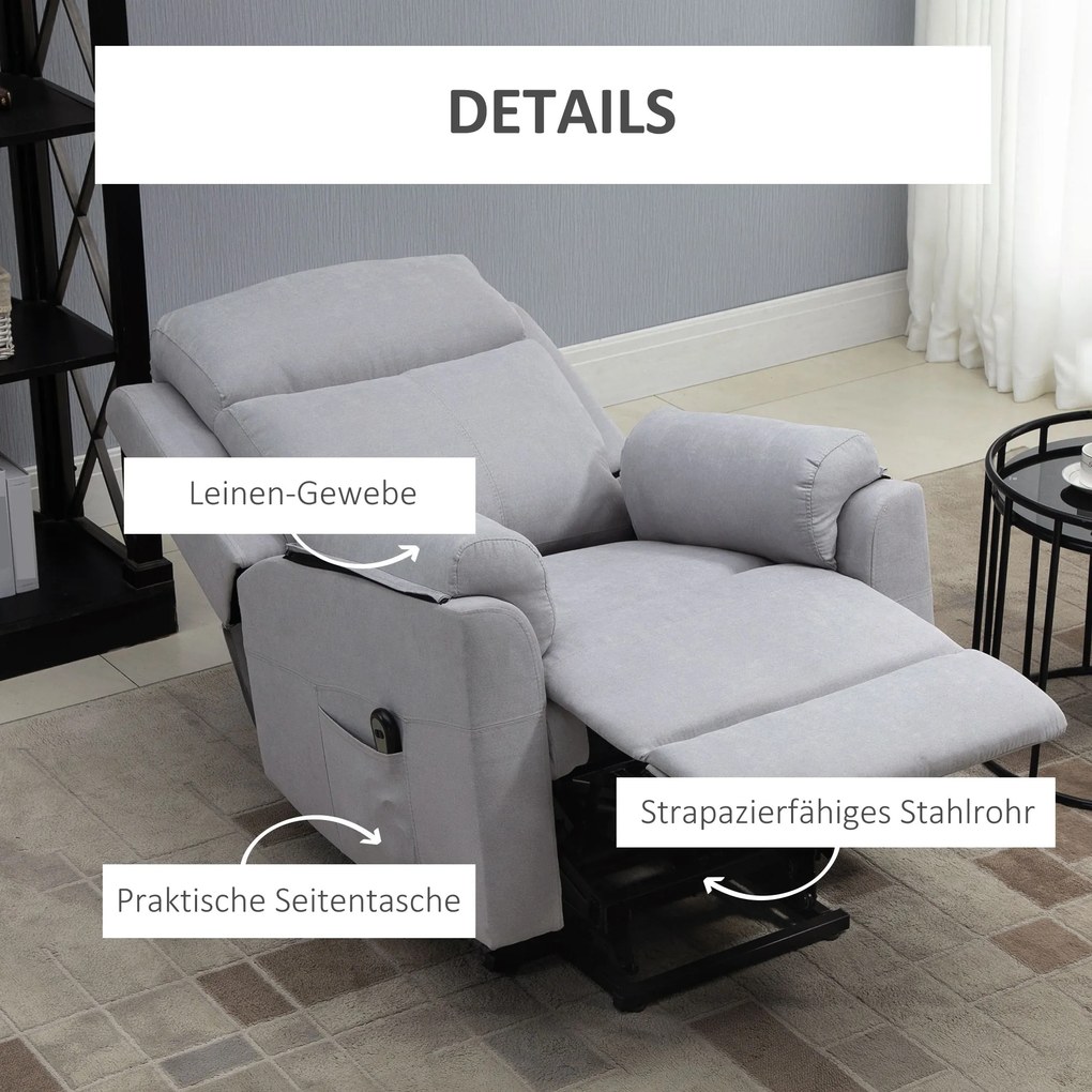 Elektrická stojací židle HOMCOM s funkcí polohování pro seniory, světle šedá na dotek lnu 83 x 89 x 102 cm, pohodlná pomůcka pro stání | Aosom.de