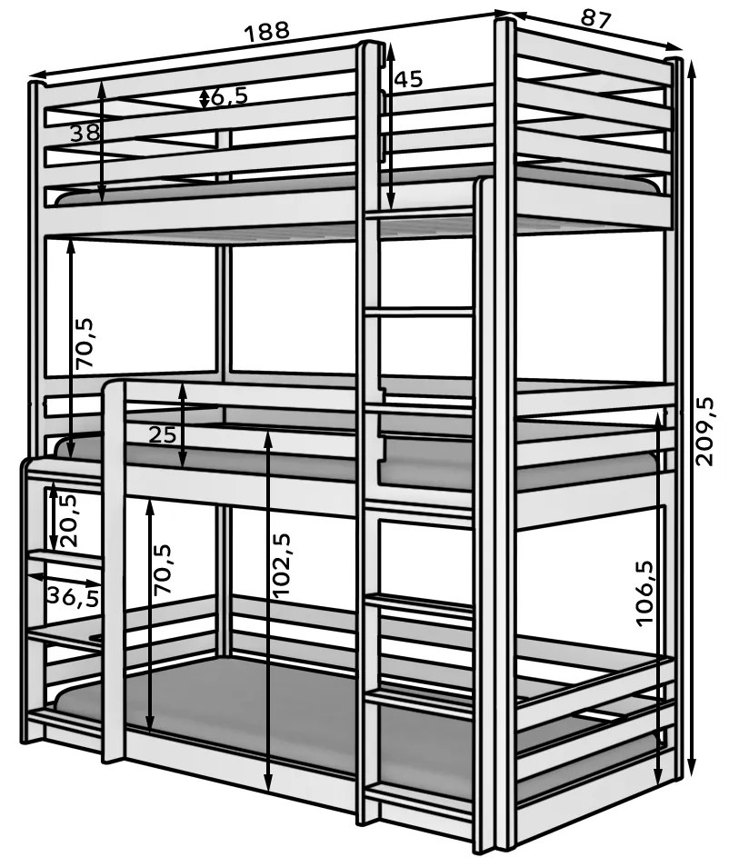 ADRK Patrová postel TEDRO, CH-Ted-GRAP-188+M-E748, 180x80 cm s matrací, grafit