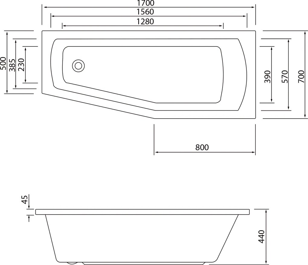 Aqualine Opava A1771 asymetrická vana 170 x 70 cm akrylátová pravá