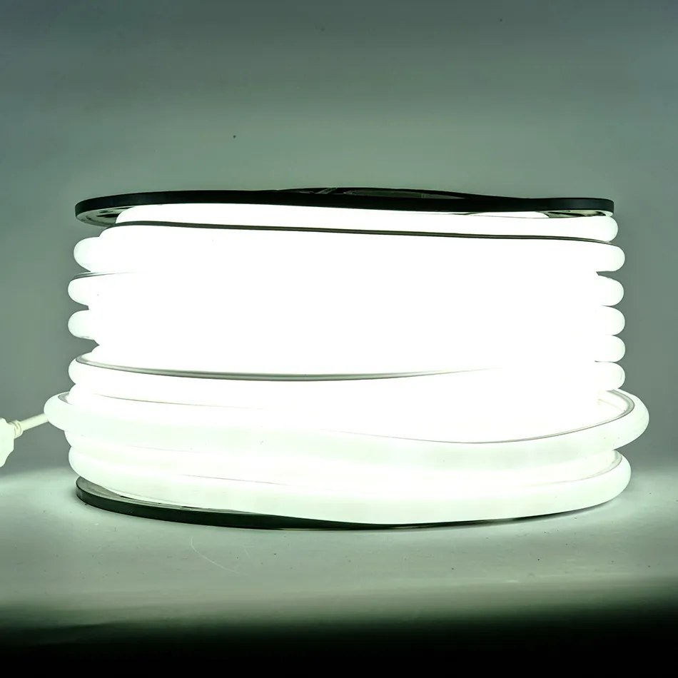 Easy Fix LED Neon hadice venkovní, 50 m, D-TYP jednostranný, ledově bílá, 3000 diod, bílý kabel, IP67, cívka