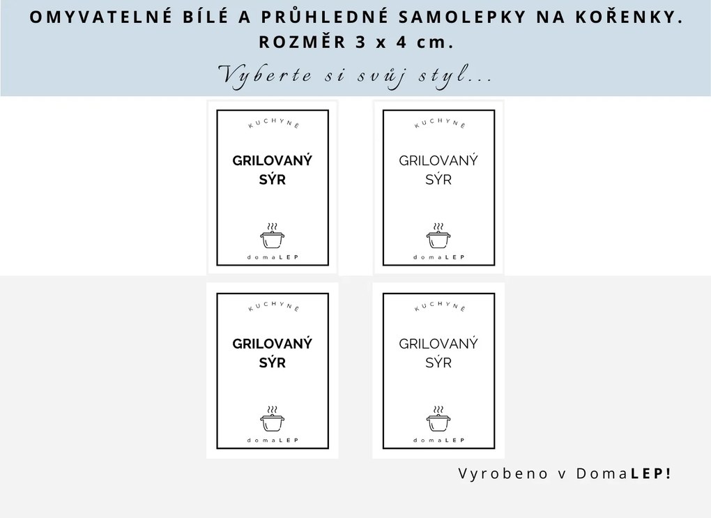 GRILOVANÝ SÝR - Samolepka na kořenky 3 x 4 cm - DomaLEP varianta: BÍLÁ - základní písmo