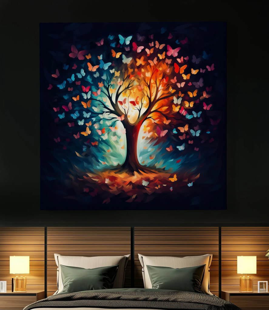 Obraz na plátně - Barevný motýlí strom života FeelHappy.cz Velikost obrazu: 100 x 100 cm