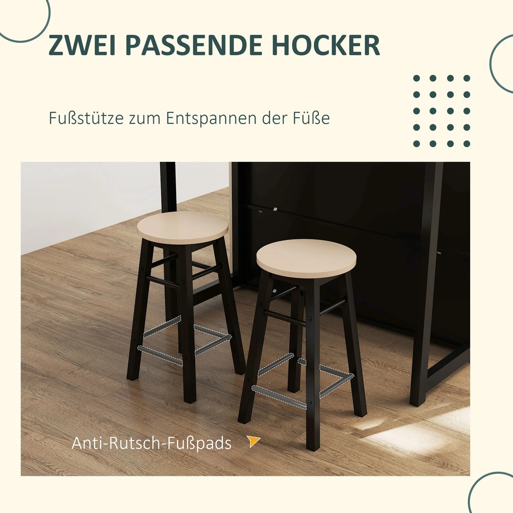 HOMCOM Barový stůl se soupravou barových židlí, souprava barového stolu pro 2 osoby, jídelní stůl se skládacím víkem, skříňka, 2 židle, opěrka nohou,…