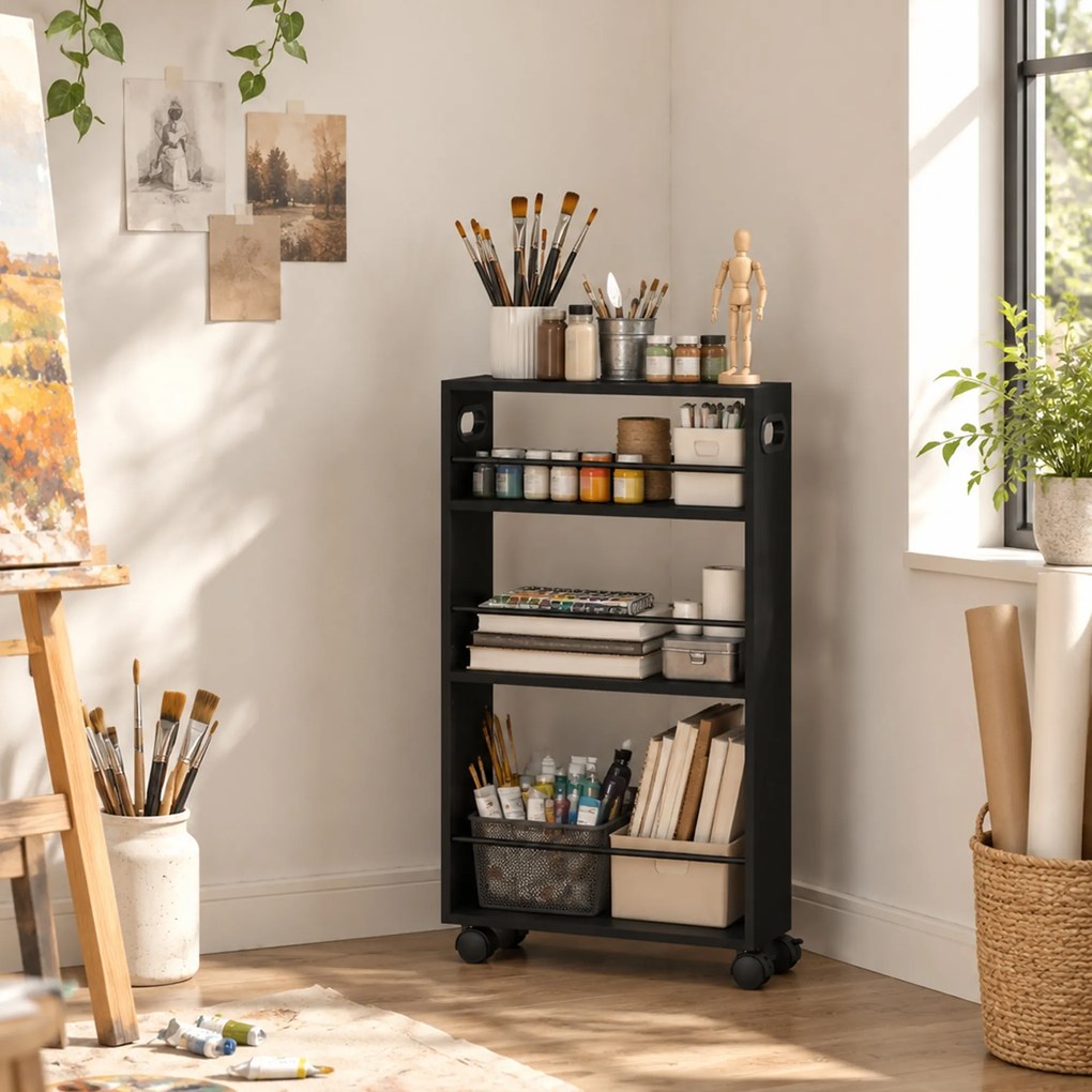 HOMCOM úzký pojízdný vozík se 3 policemi, 45 × 15 × 80 cm, černý