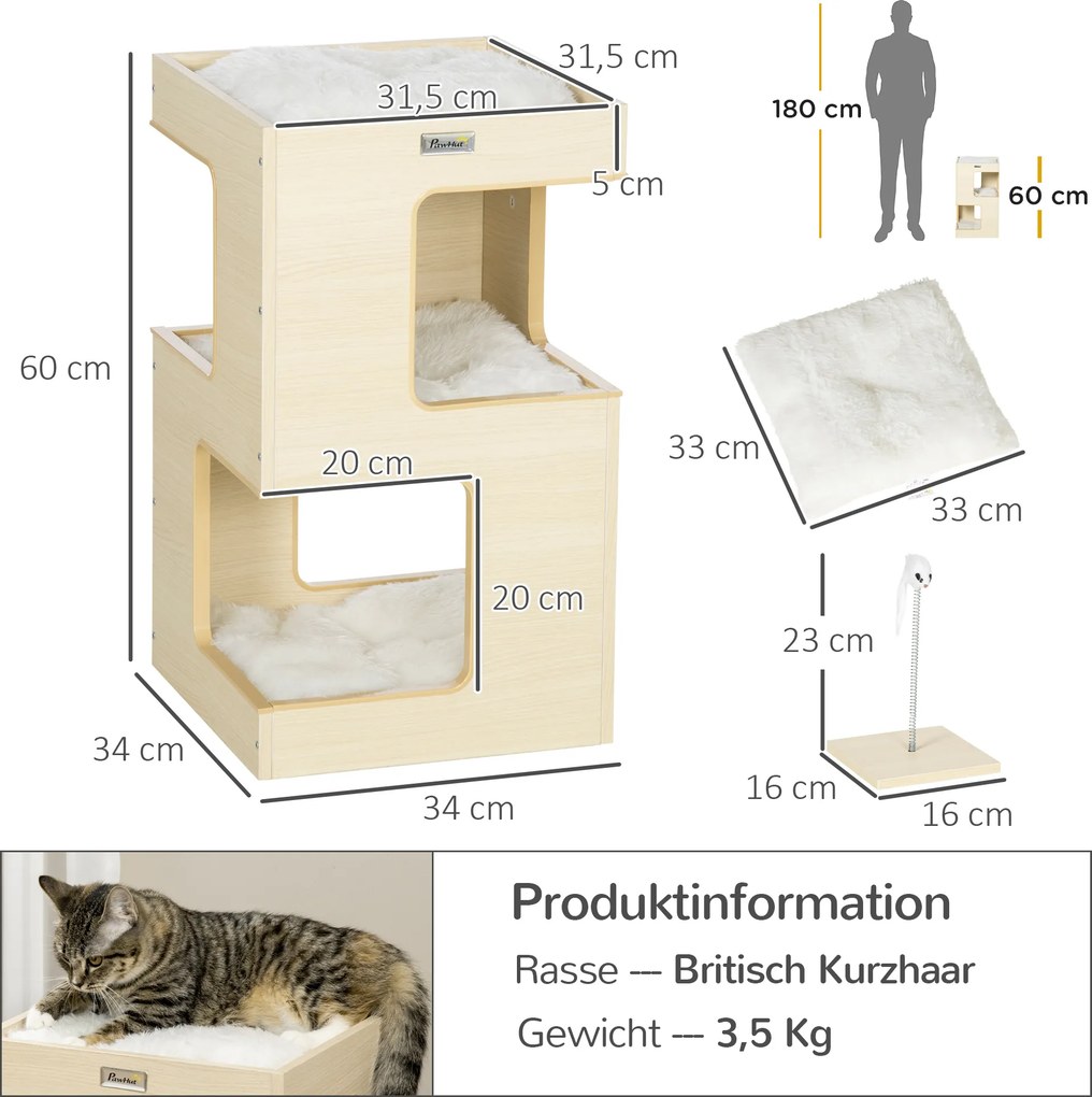 PawHut cat cave třípatrová skříňka pro kočky vnitřní domeček pro kočky s polštáři a hračkami z dubového dřeva 34x34x60 cm pro milovníky koček | Aosom…