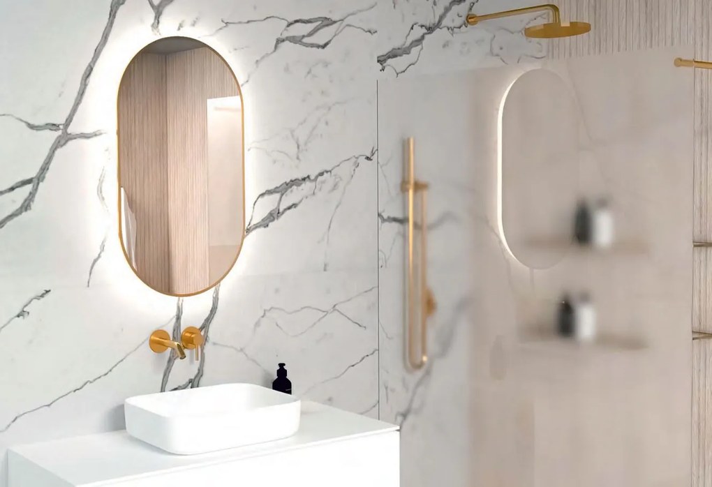 BPS-koupelny Zrcadlo ve zlatém kovovém rámu s LED podsvícením po obvodu Nikoletta LED 19 GOLD Typ: bez vypínače, Rozměry (cm): 50x90 - (Nikoletta LED 19/50 GOLD)