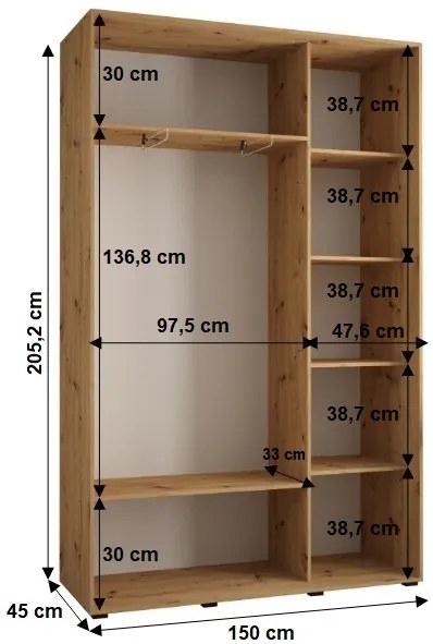 Šatní skříň Sapporo Abika 150/205,2/45 barevné provedení: bílý mat + černý mat+ artisan lamely