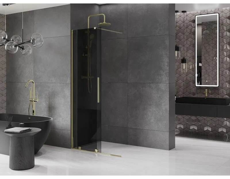 Mexen Velar, sprchová zástěna s posuvnými dveřmi Walk-in 70 x 200 cm, 8mm šedé sklo, zlatá lesklá, 871-070-000-43-50