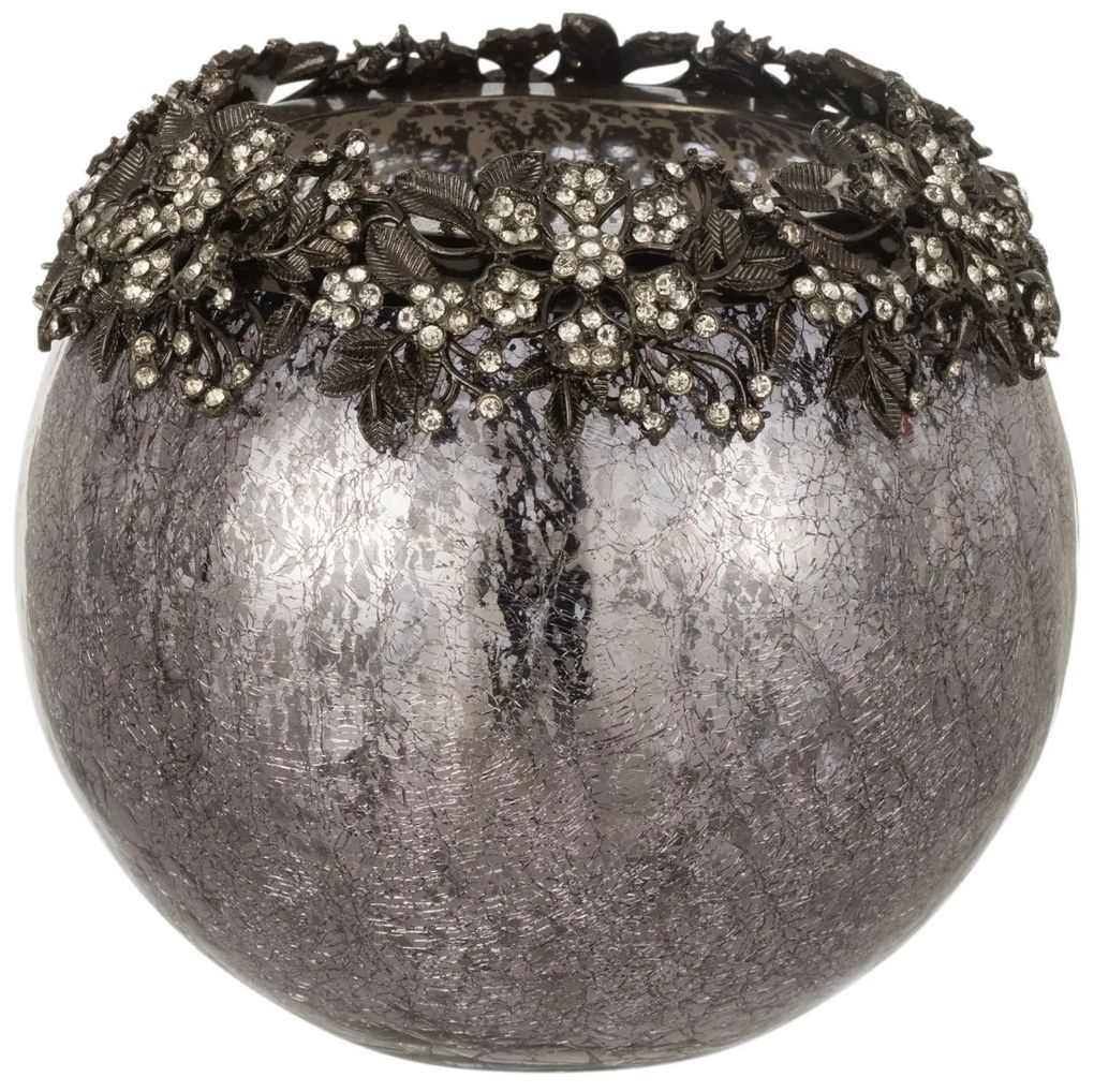 Skleněný kouřový svícen se zdobením a kamínky Luxy - Ø 15*13cm