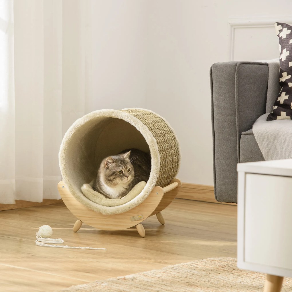PawHut Kočičí Doupě Kočičí Postel s Policí Kočičí Domek s Škrabacím Padem Vnitřní Borové Dřevo Flanel Khaki+Přírodní Béžová 41 x 38 x 43 cm