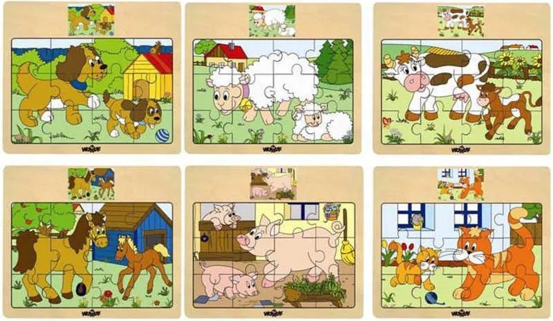 WOODY DŘEVO Puzzle na desce Zvířátka domácí s mláďátky 6 druhů 93010