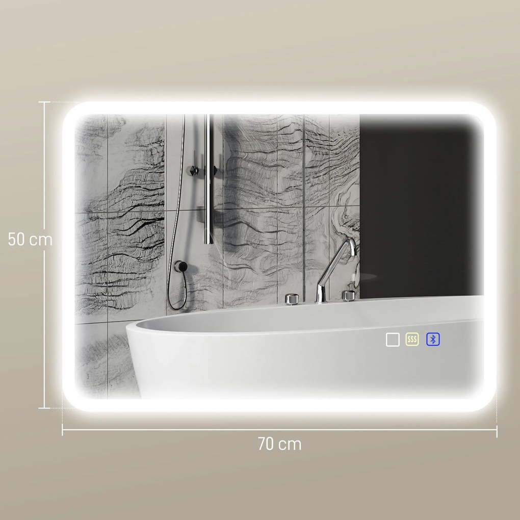 HOMCOM koupelnové zrcadlo LED Bluetooth 50 x 70 cm, dotykový spínač, nastavitelné světlo 3 barvy, proti zamlžení, paměť, stříbrné