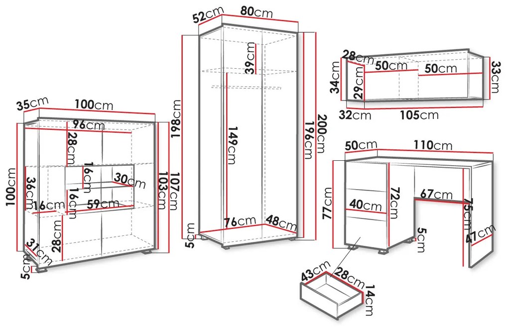 Nábytek do studentského pokoje s LED bílým osvětlením CHEMUNG 1 - černý / lesklá černý