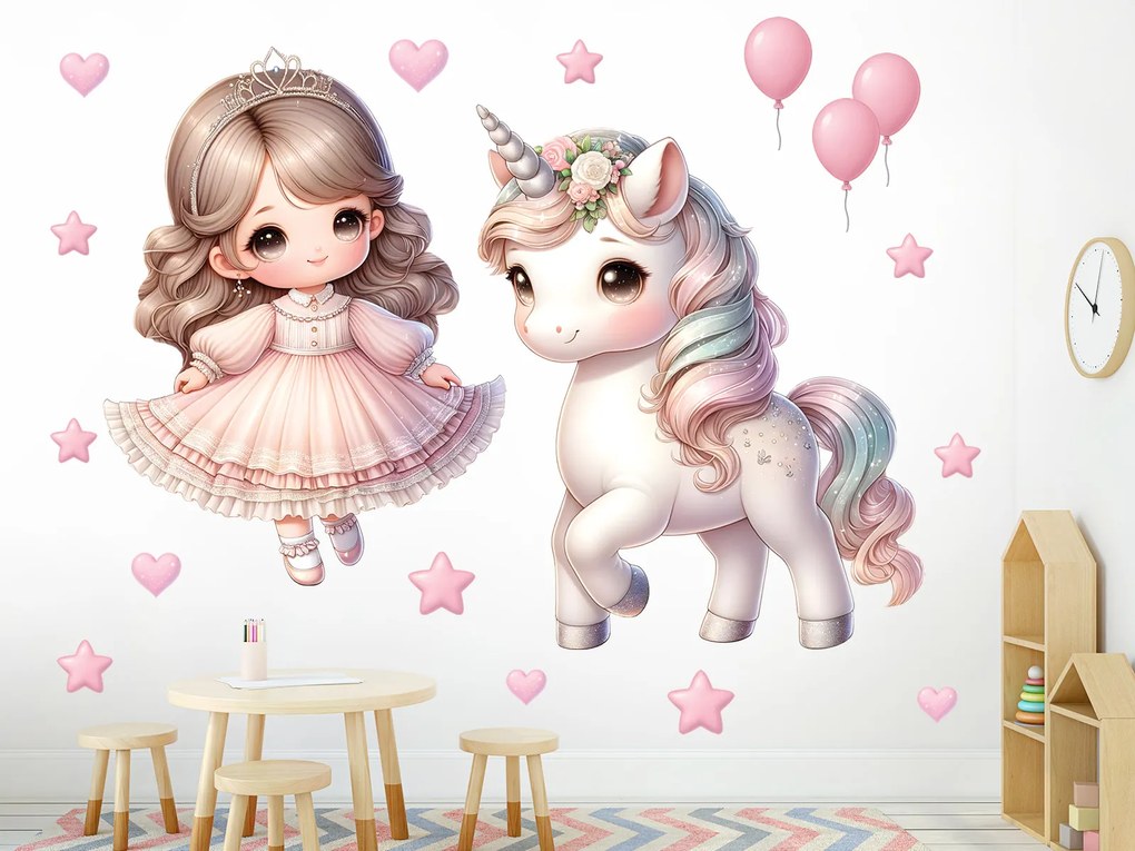 Princeznička s jednorožcem textilní přelepitelná samolepka na zeď arch 46 x 32 cm