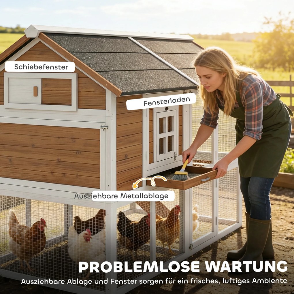 Kurník Kurník s výběhem Hnízdní box Výsuvná vanička Asfaltová střecha pro 4 slepice 200x104x145cm Dřevo Hnědá barva