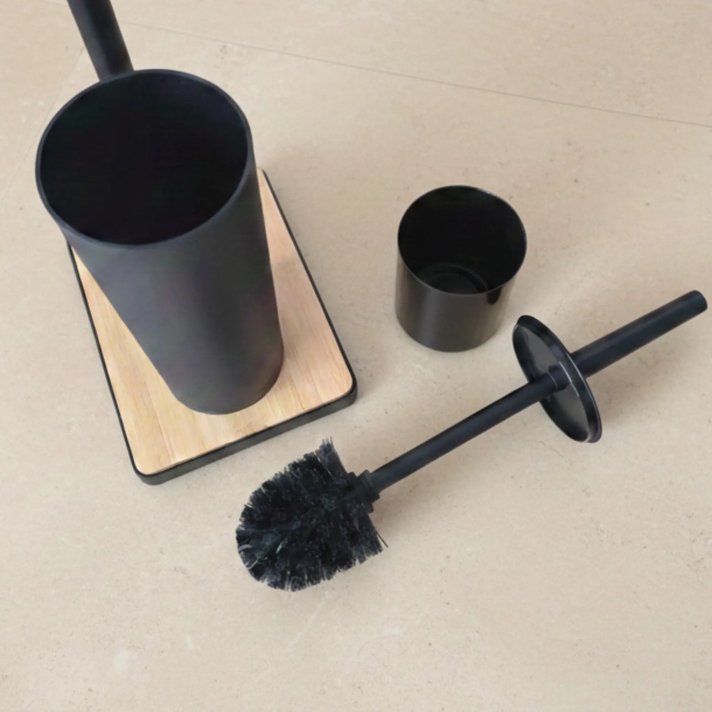 WC štětka s držákem na toaletní papír a bambusovou podložkou IVLO, 65 cm – černá