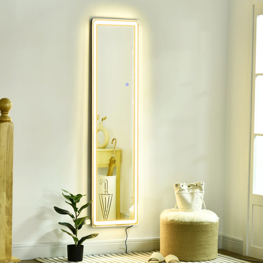 HOMCOM stojací zrcadlo 2 v 1 s LED světlem, volně stojící, hliník, nastavitelný světelný zdroj, 40 cm x 37 cm x 157,5 cm