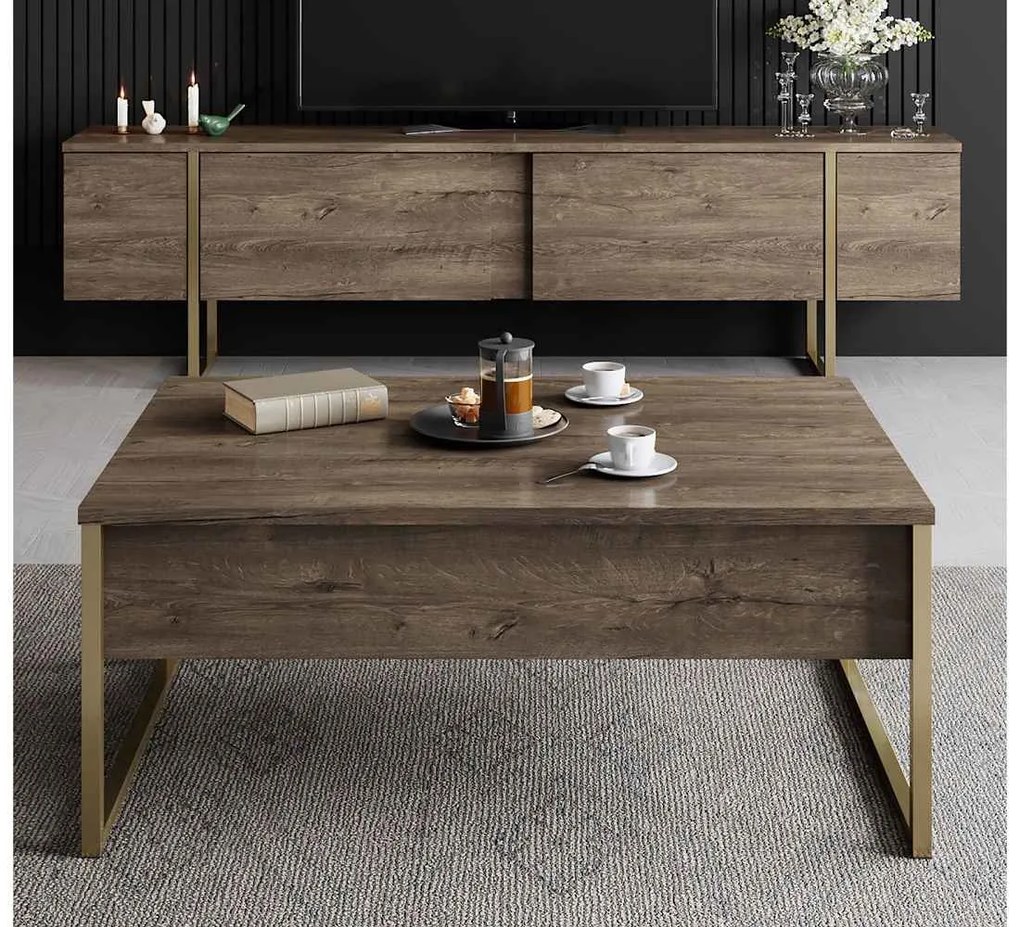 Designový konferenční stolek Hallan 90 cm ořech/zlatý